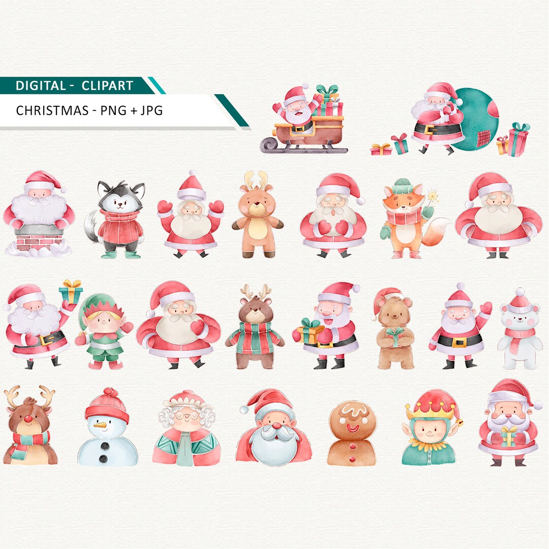 Christmas Clipart Santa and Friends Watercolor Winter Clip Art Instant ...