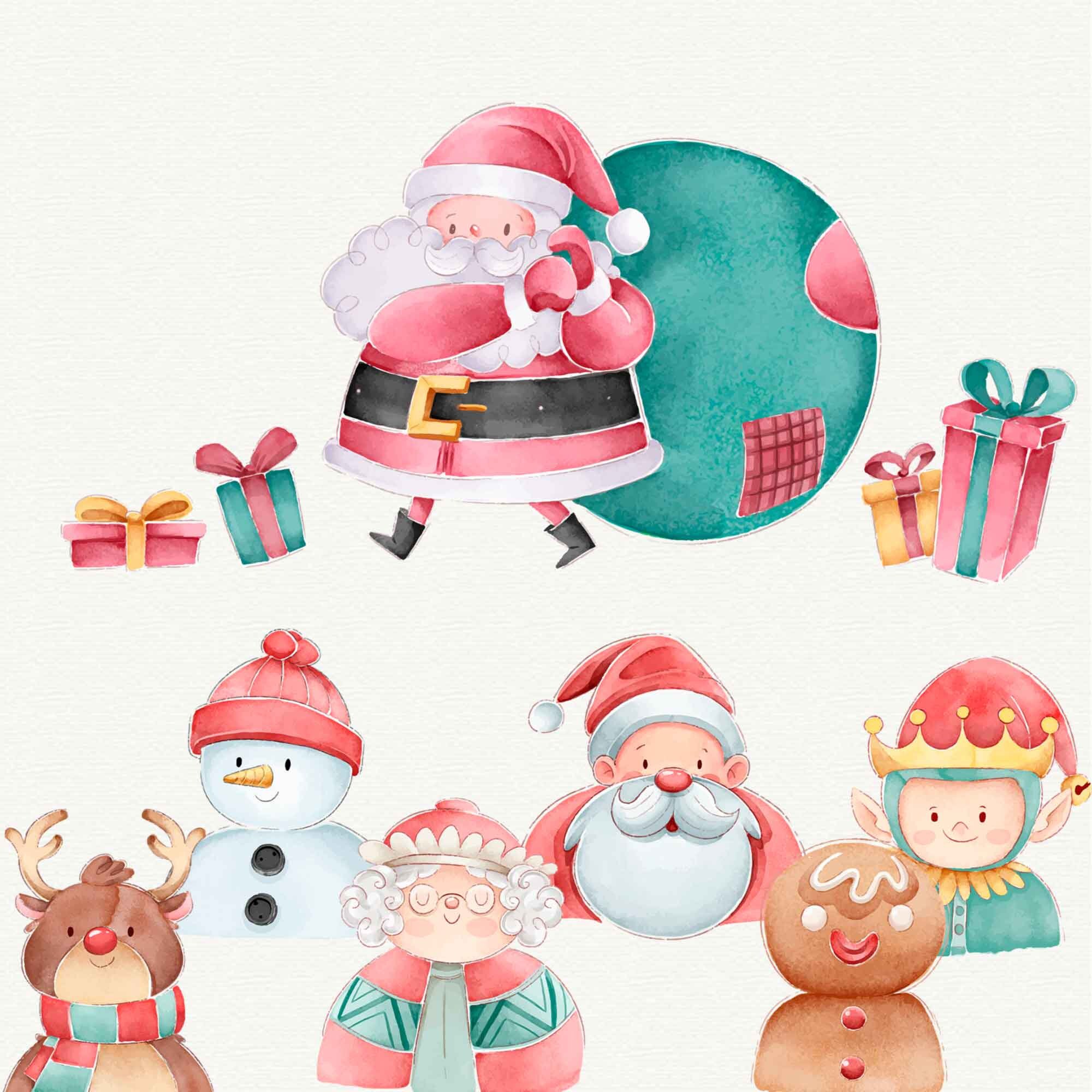 Christmas Clipart Santa and Friends Watercolor Winter Clip - Etsy