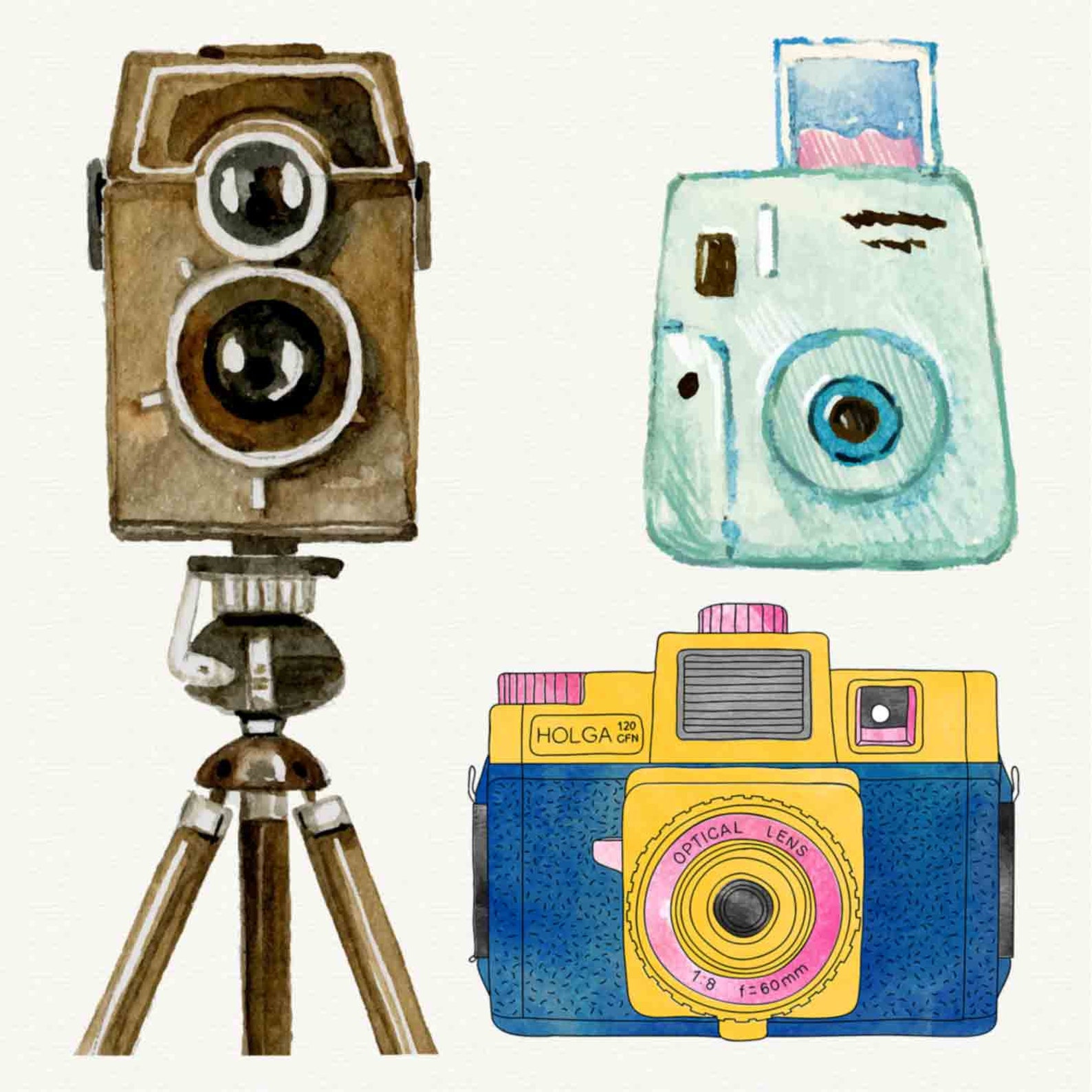 Watercolor Camera Clipart Bundle - Vintage Photo Camera Clip Art ...