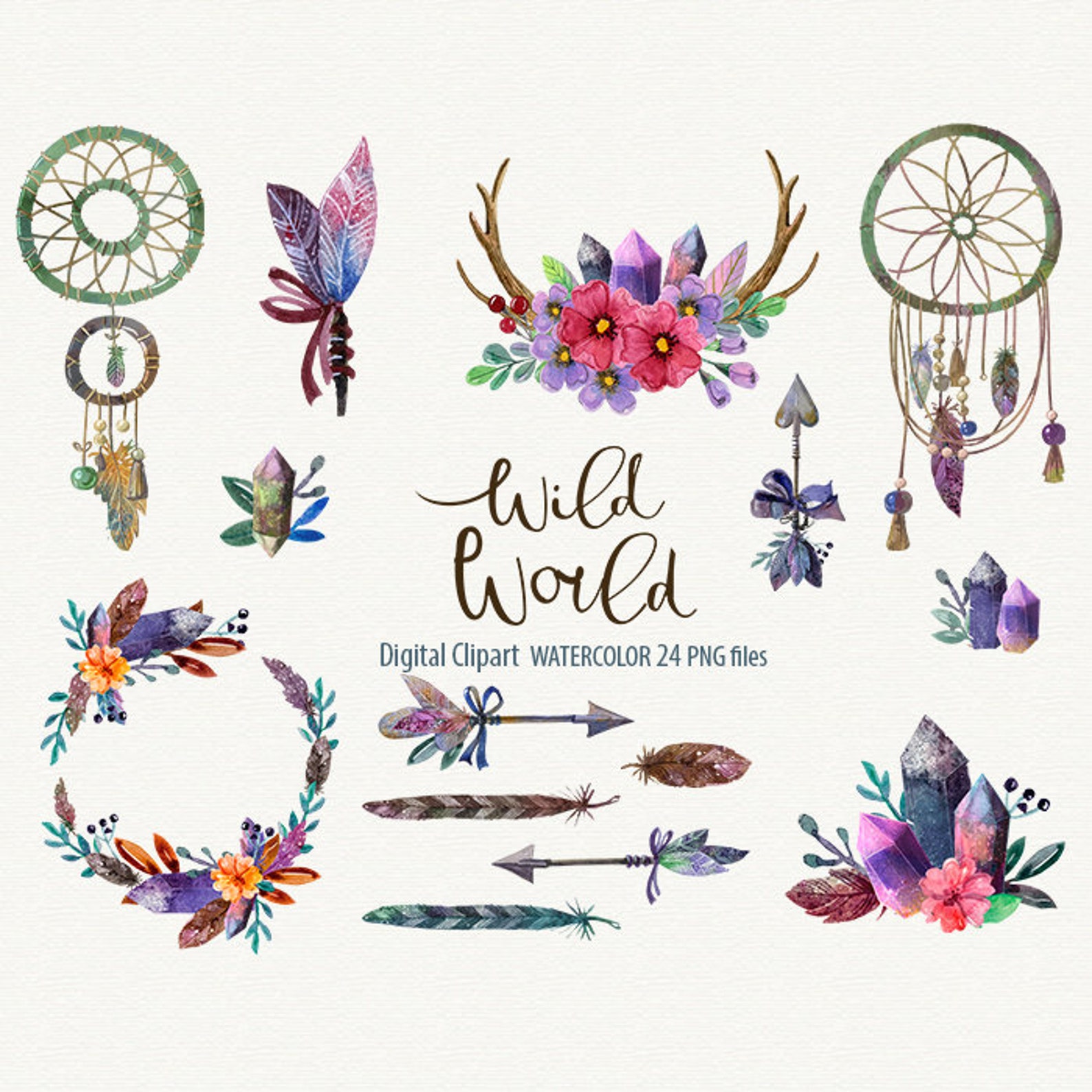 Dream Catcher Clipart Watercolor Ethnic Clip Art Boho Flowers - Etsy