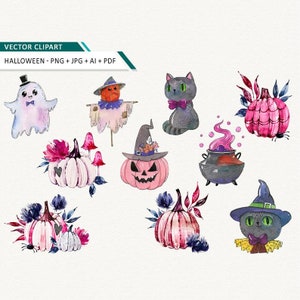 Halloween Clip Art Watercolor Halloween Bundle Pumpkin Monsters Happy ...