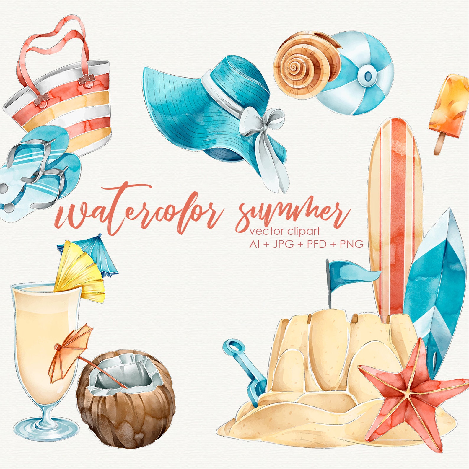 Watercolor Summer Clipart Summer Ellements Beach Clipart - Etsy