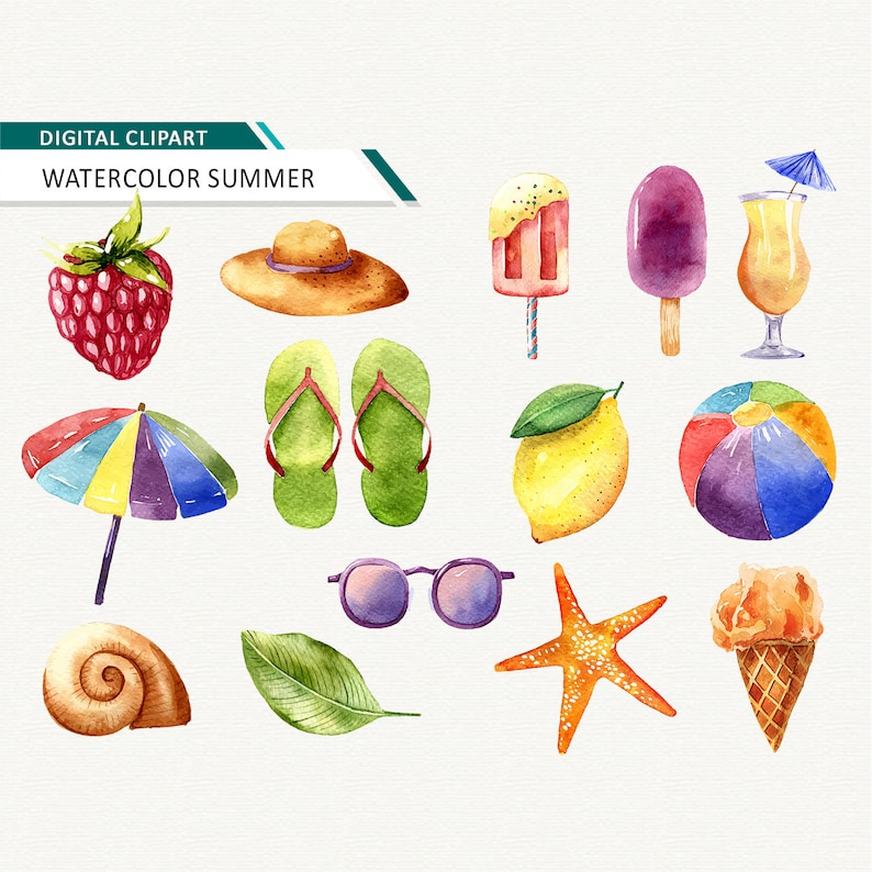 Watercolor Summer Clipart Vacation Clip Art Watercolor - Etsy