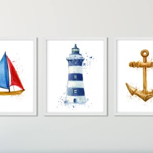 Watercolor Nautical Posters Wall Decor Marine Nursery Kids Print Anchor ...