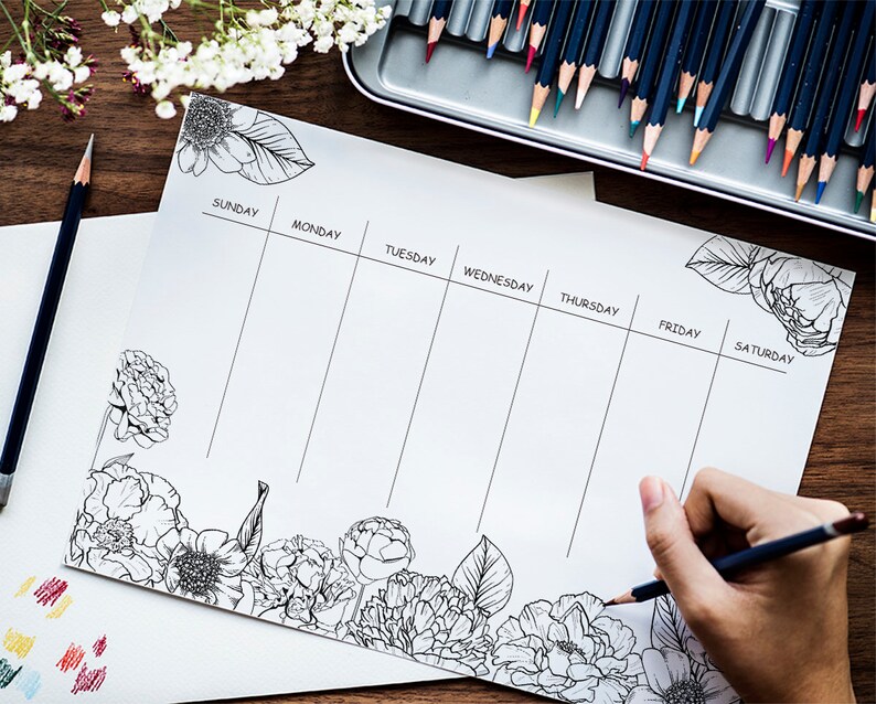 Weekly Planner Printable Floral Coloring Planner Sunday Start - Etsy