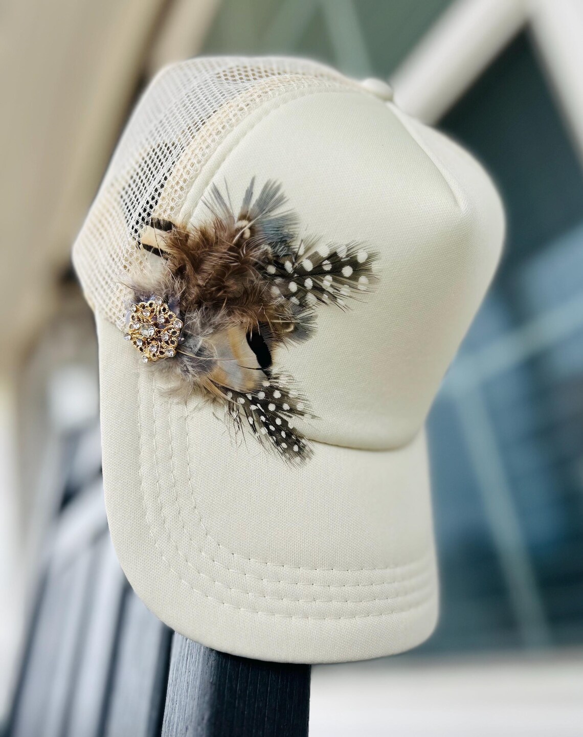 Feather Jeweled Neutral Trucker Hat - Etsy