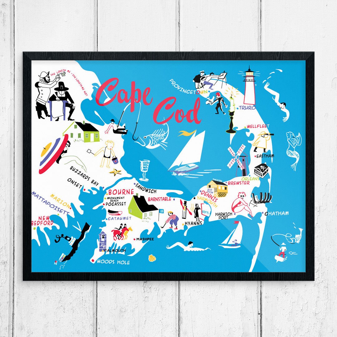 Cape Cod 50's Colorful Map Print - Etsy