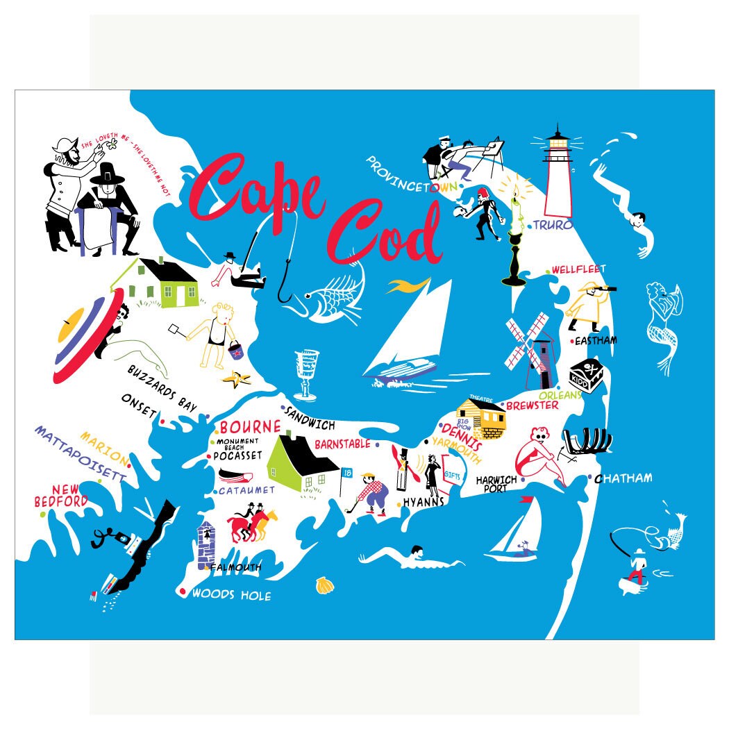 Cape Cod 50's Colorful Map Print - Etsy