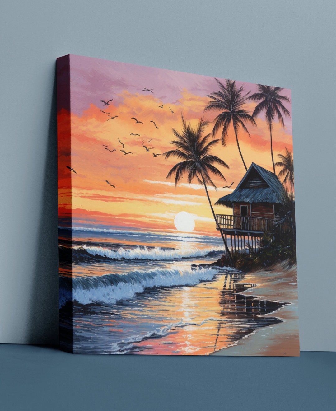 Sunset Beach Canvas Oil Painting, Tropical Canvas Painting, House ...