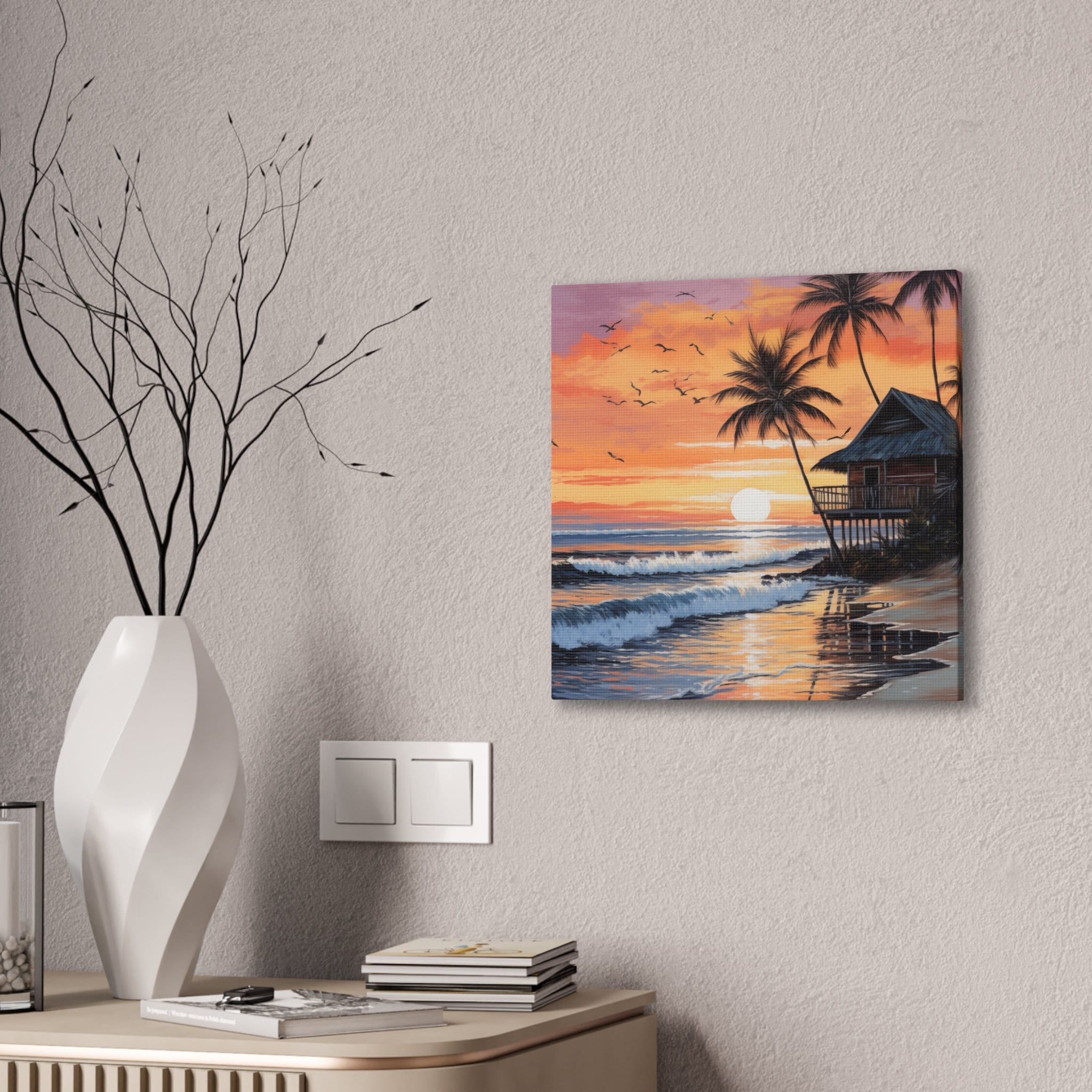 Sunset Beach Canvas Oil Painting, Tropical Canvas Painting, House ...