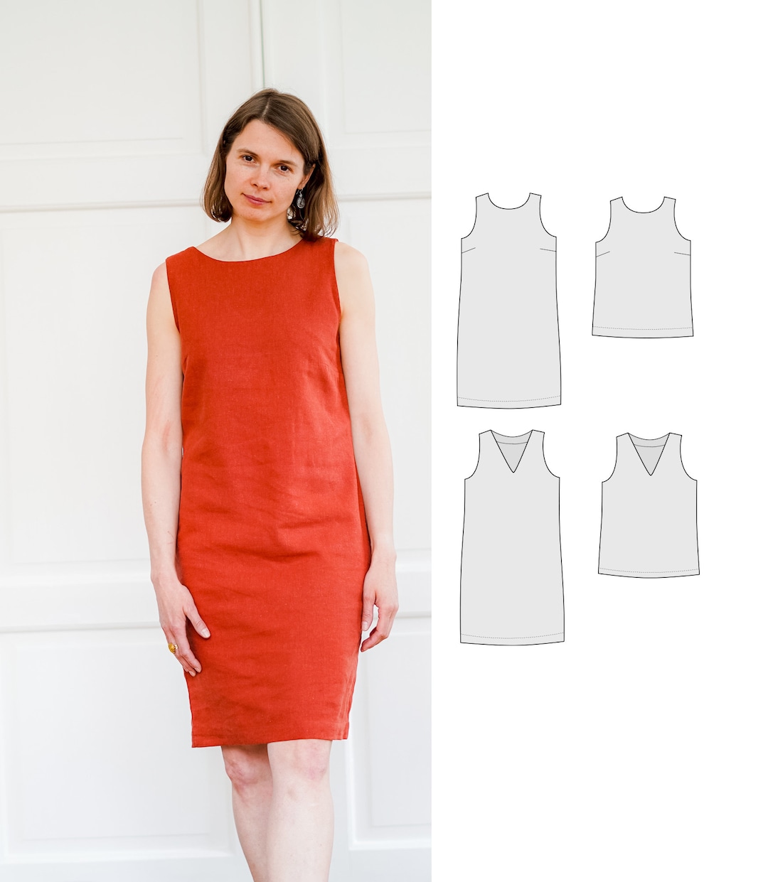 Shift Dress Sewing Pattern, V-neck Dress and Top Pattern, Sleeveless ...