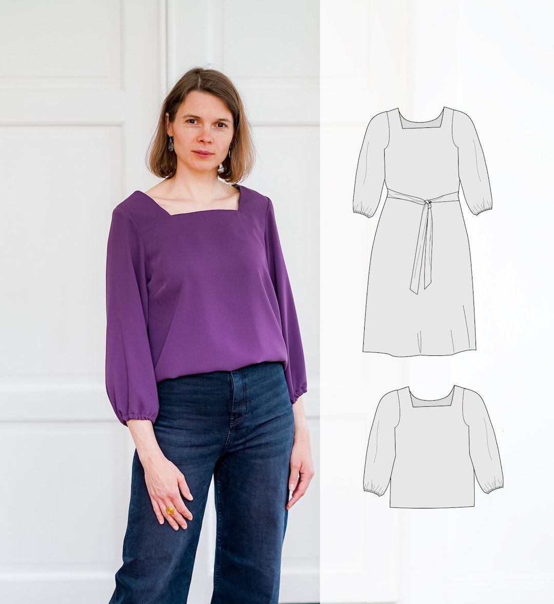 Woman's Blouse Sewing Pattern, Square Neck Blouse, and Dress Pattern ...