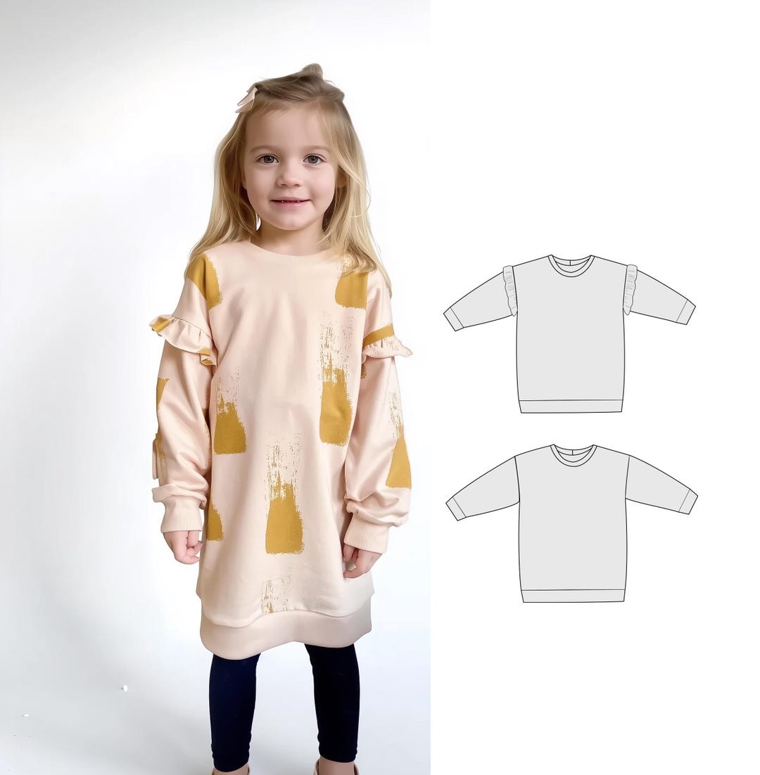 Girls Dress Pattern, Cozy Sweatshirt Dress Sewing Pattern, Ruffled ...