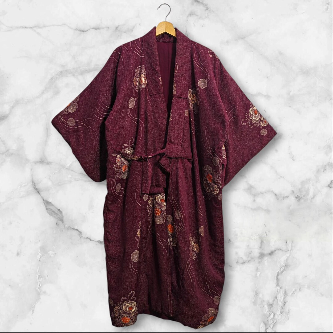 Japanese Kimono Maroon Long Hanten Padded Warm Winter Jacket Noragi ...