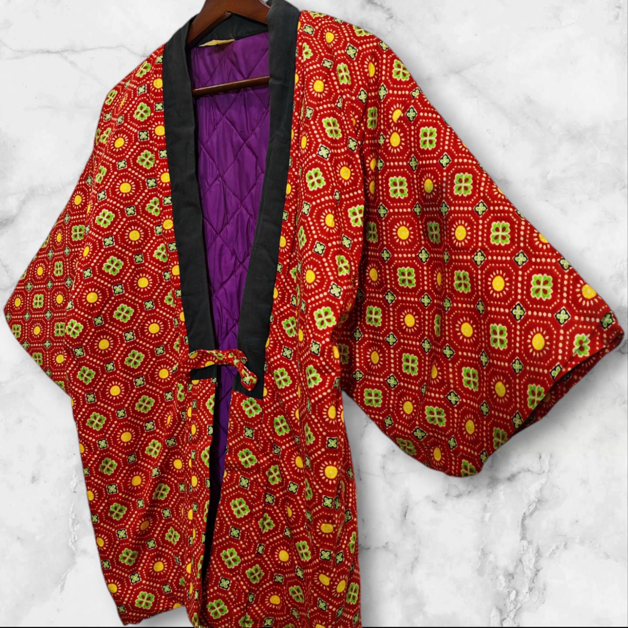 Japanese Kimono Red Flower Pattern Hanten Padded Warm Winter Jacket ...