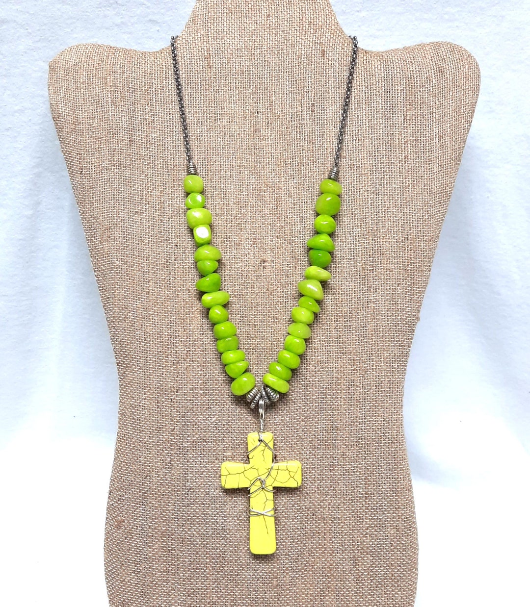 Stunning Yellow Howlite Turquoise Cross 2.25' Wire Wrapped, Lime Green ...