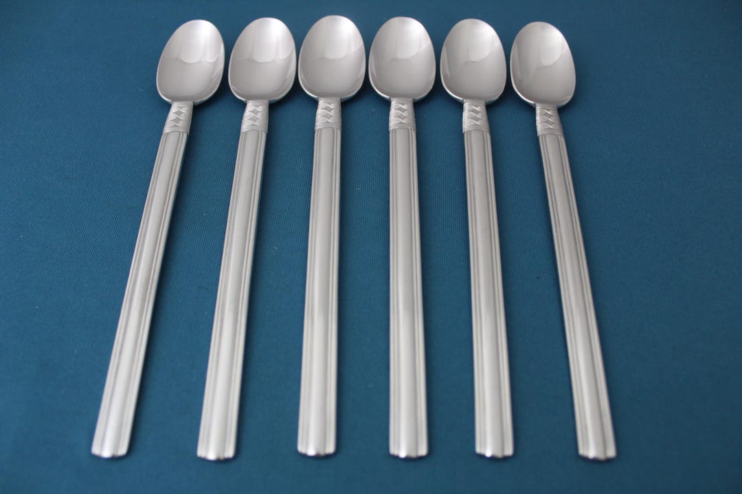 6 Iced Tea Spoons Pfaltzgraff CROSSROADS Glossy Stainless Korea 7 1/4 ...