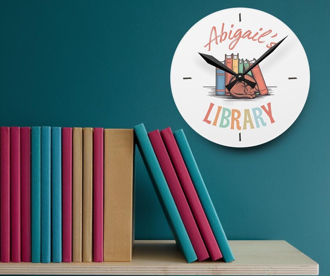 Custom Name Cat Books Library Wall Clock Bookish Room Decor Librarian ...