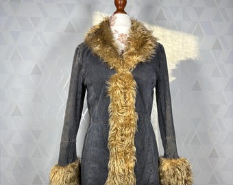 Denim Coat With Faux Fur Hippie Afghan Coat Faux Woodstock Bohemian Y2k 70s Penny Lane Inspired ...