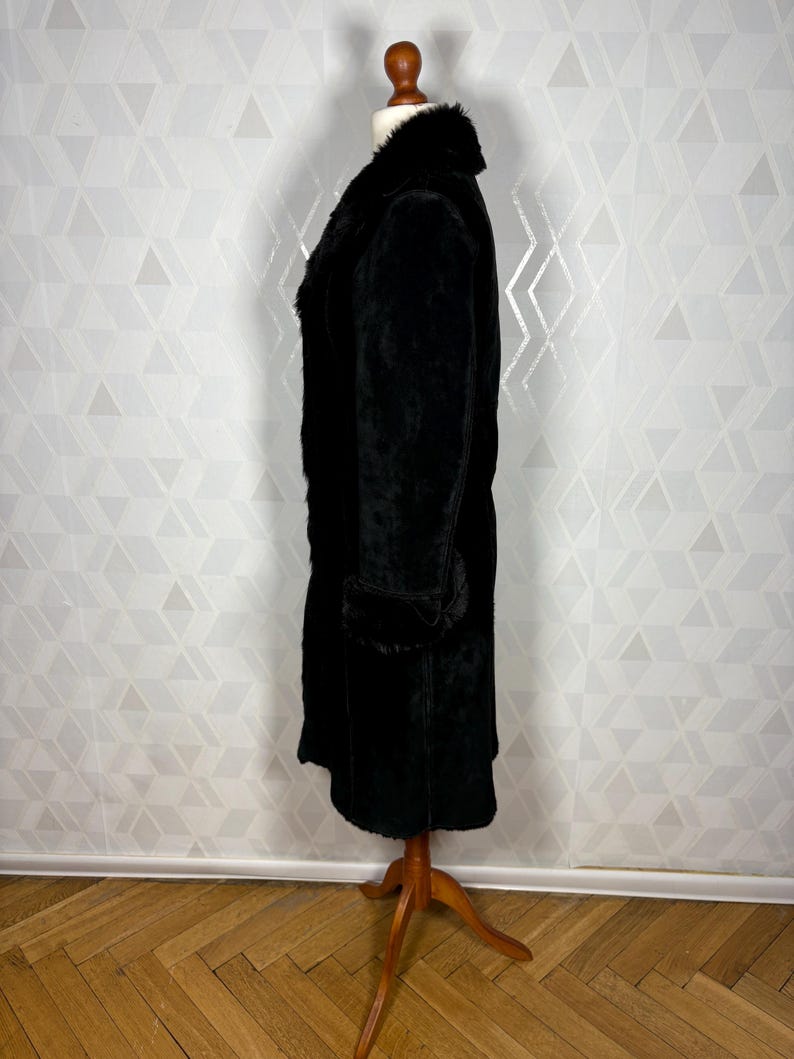 Casaco trench coat vintage preto de camurça dos anos 90 - Jaqueta longa ...