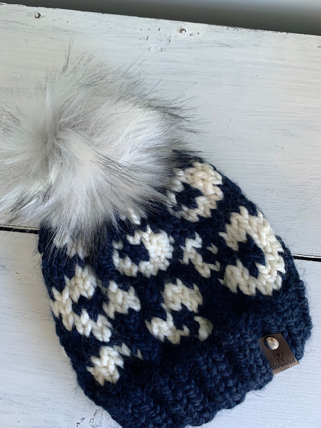 Animal Print Navy and Cream Knitted Hat With Fur Pom/cheetah Print/penn ...