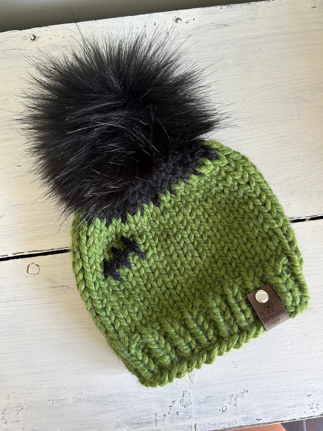 Frankenstein Halloween Knitted Hat With Black Fur Pom/winter Beanie - Etsy