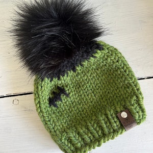 Frankenstein Halloween Knitted Hat With Black Fur Pom - Etsy