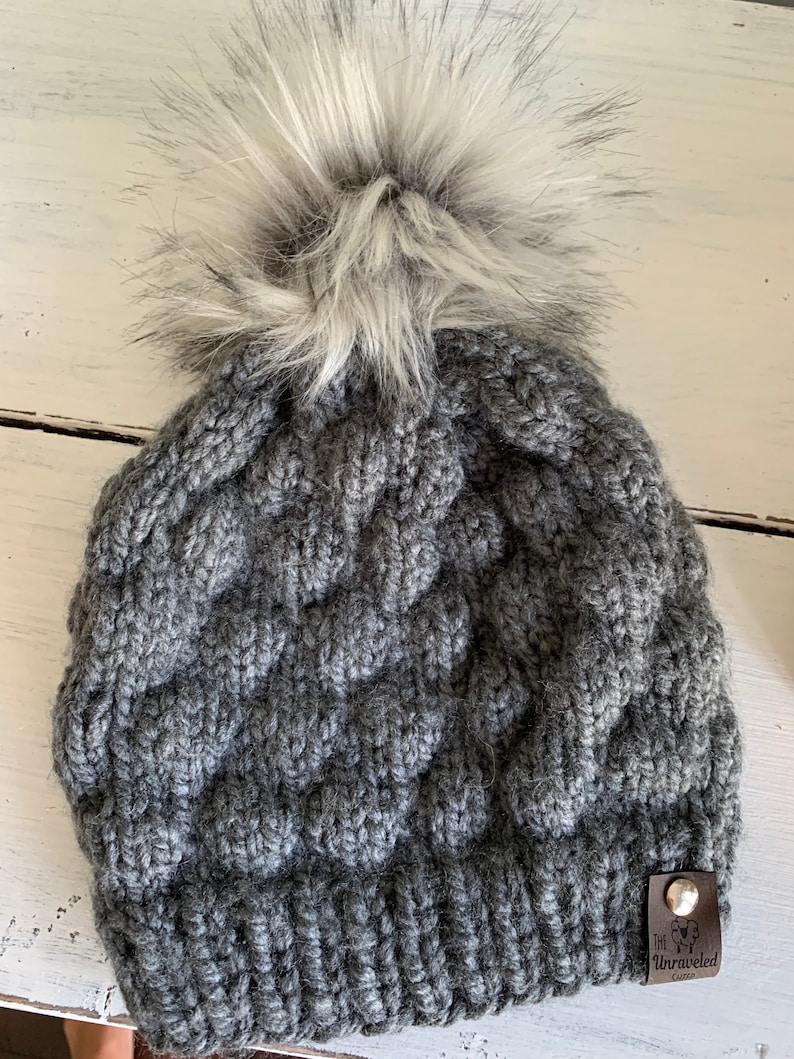Dark Grey Bubble Knitted Hat With Fur Pom | Etsy
