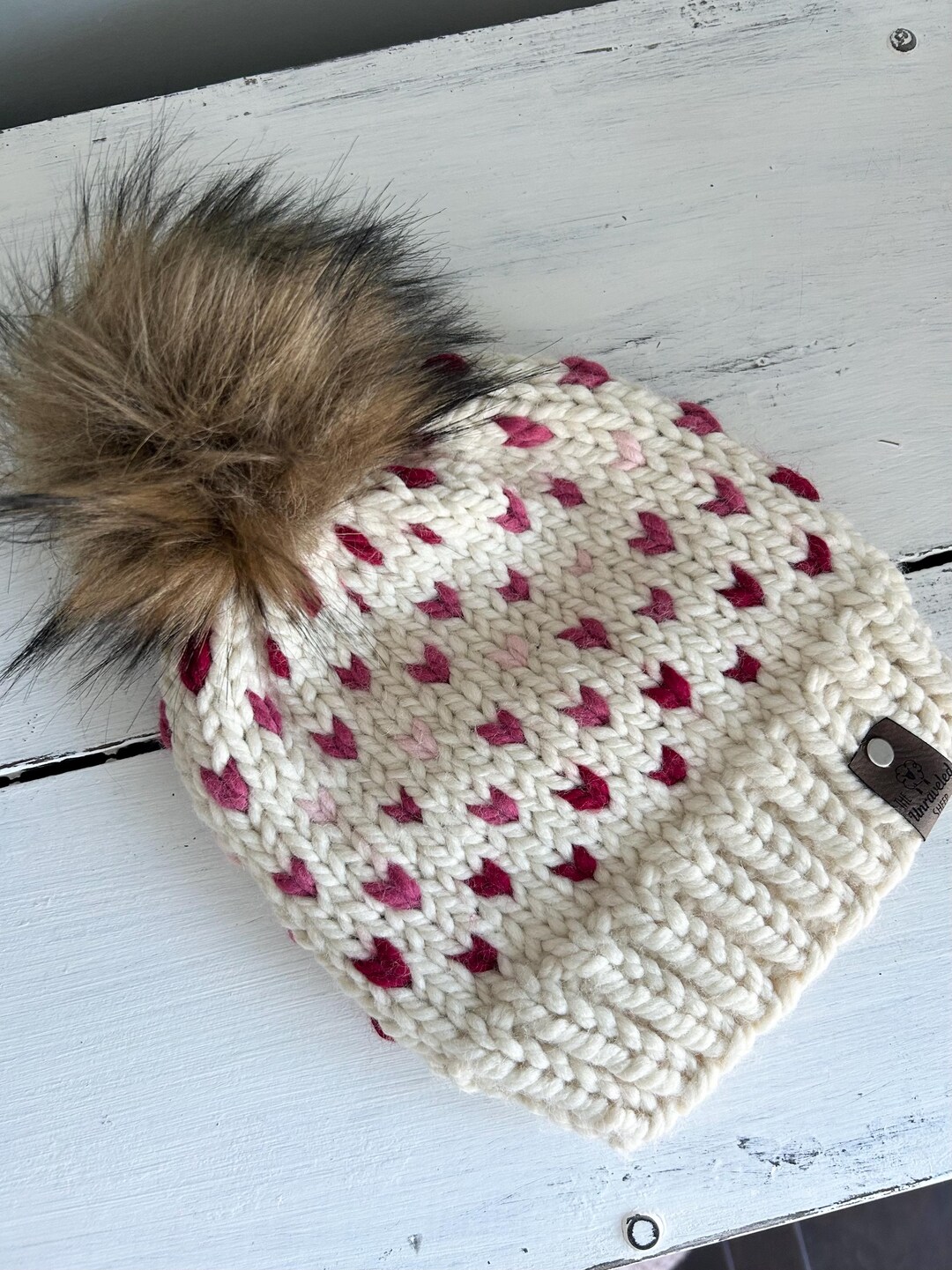 Valentine’s Day Heart Knitted Hat - Pink, Red, and Cream Hearts on a ...