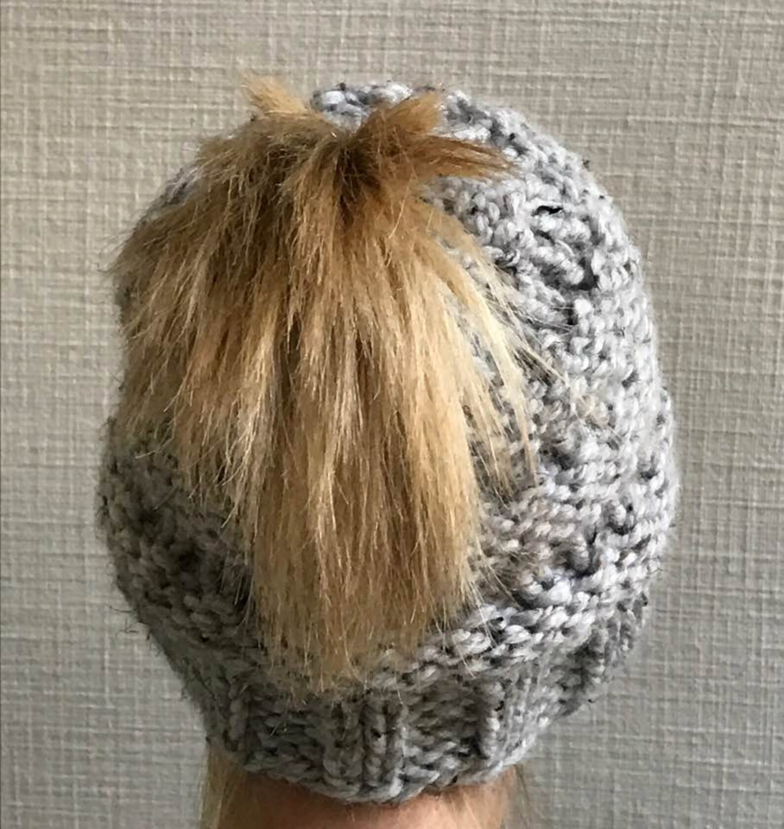 Grey Messy Bun Knitted Hat | Etsy