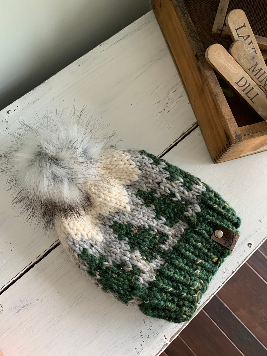 Christmas Tree Knitted Hat With Fur Pom - Green Brim/evergreen Tree Hat ...