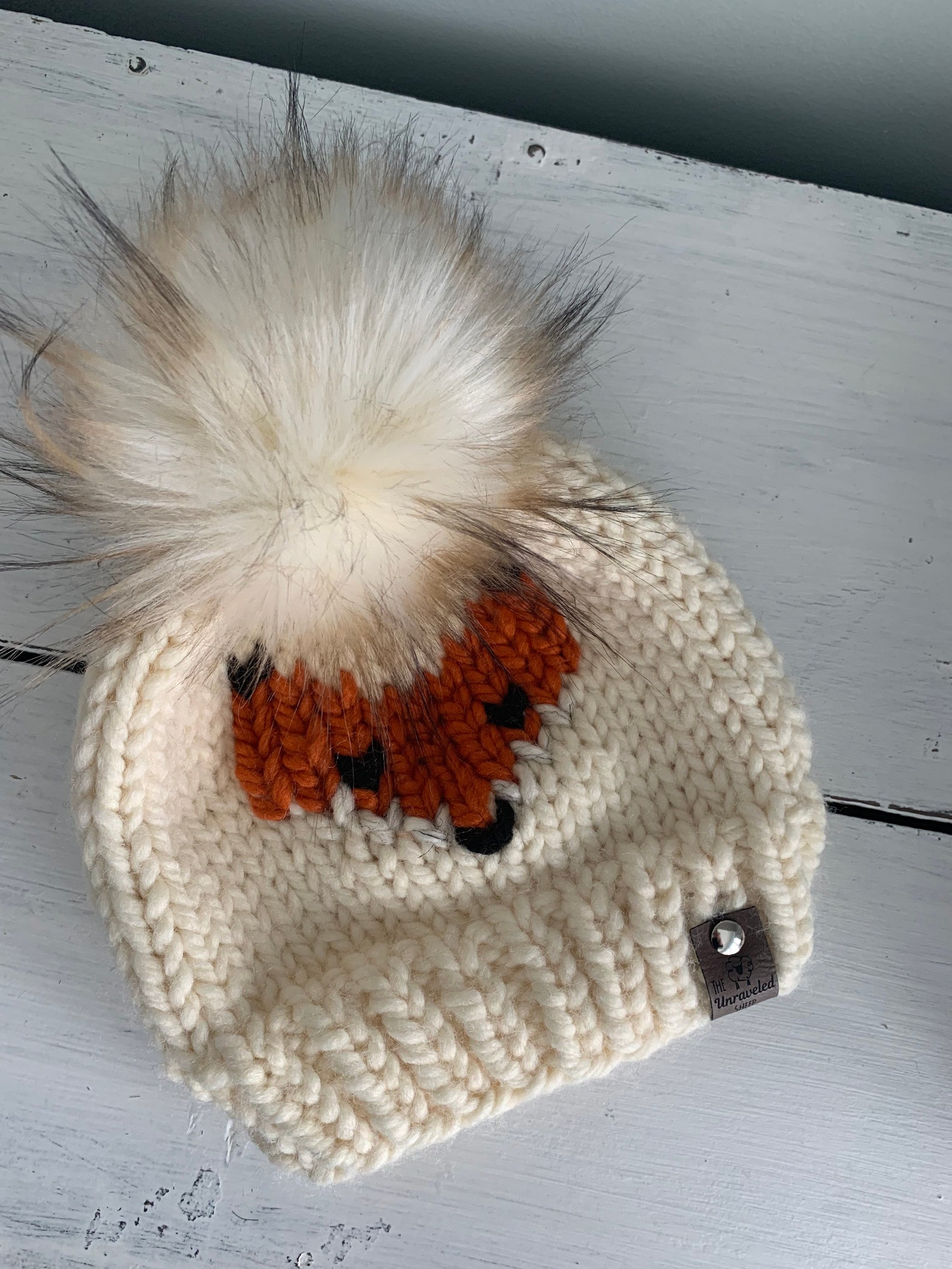 Fox Knitted Hat With Fur Pom Cream/white - Etsy
