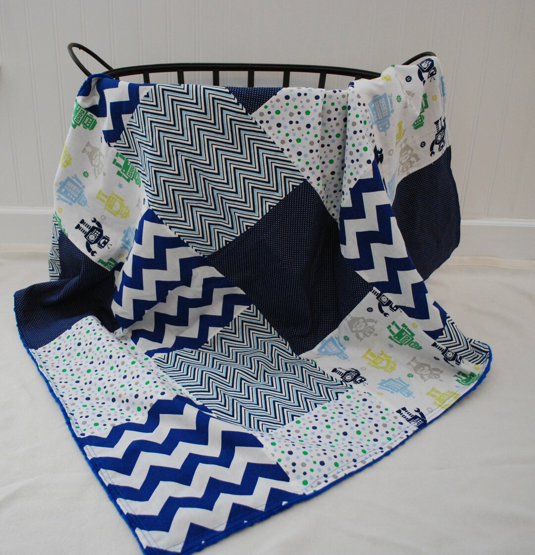 Buy Robot Baby/toddler Patchwork Blanket Blue, Green and White Minky ...