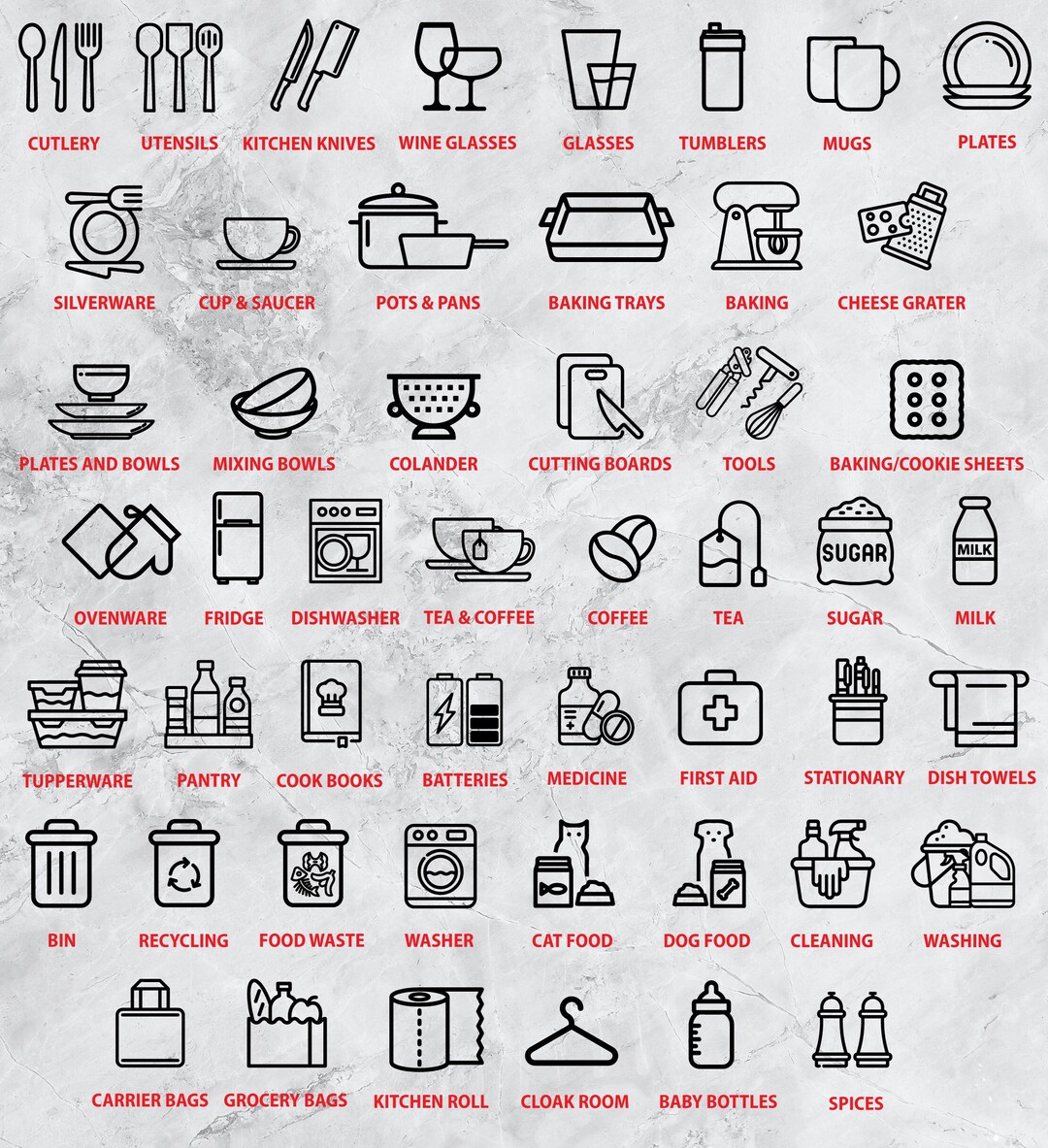 Kitchen Utensil Labels, Kitchen Utensil Icon Decals, Pantry Decals ...