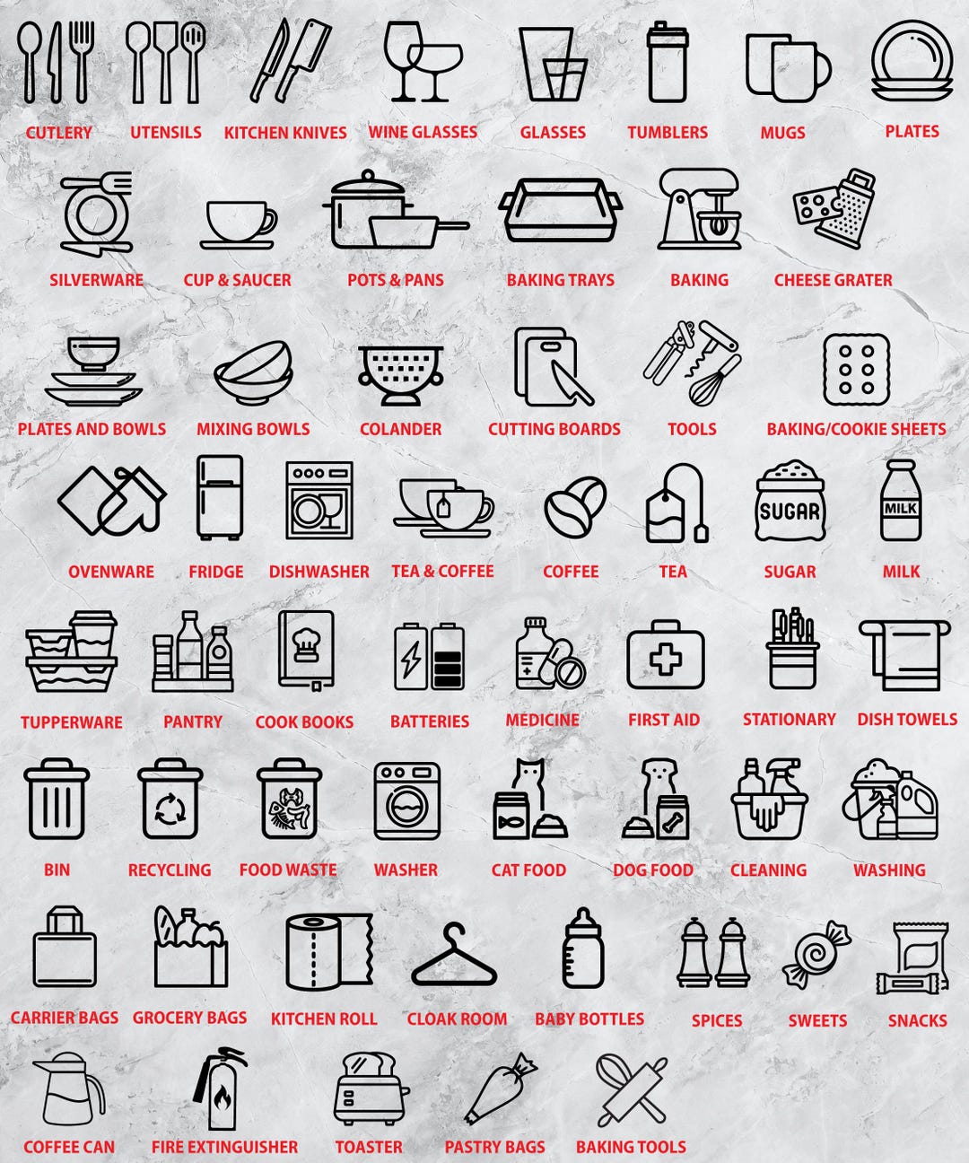 Set of 57! Kitchen Utensil Labels, Kitchen Utensil Icon Decals, Pantry ...