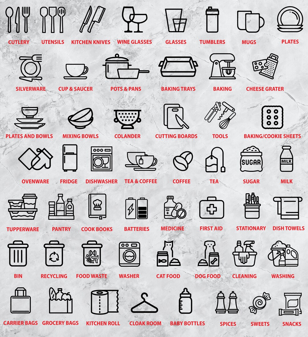Kitchen Utensil Labels, Kitchen Utensil Icon Decals, Pantry Decals ...