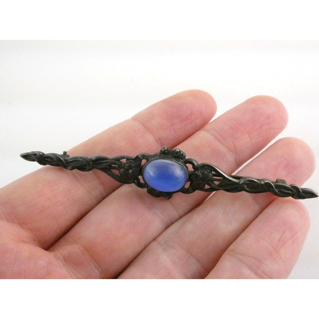 Vintage Sterling Silver Blue Cat Eye Glass Cab Floral Pin Brooch 7.8g 3 ...