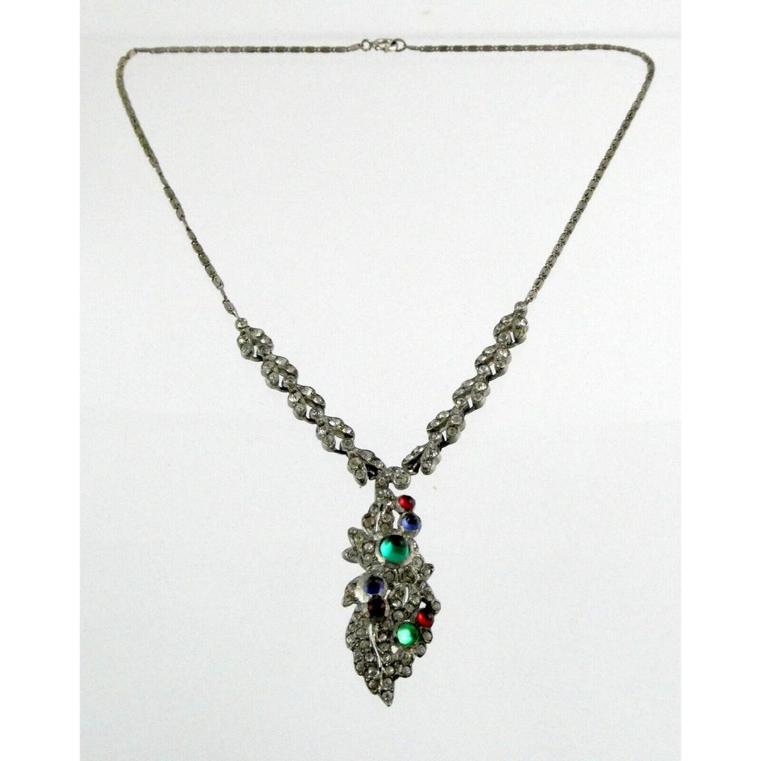 Antique Sterling Silver Paste Glass Gem Pendant Necklace 14.8g 16 ...