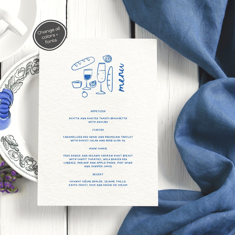 Hand Drawn Wedding Menu, Menu Template, Corjl, Whimsical Wedding ...