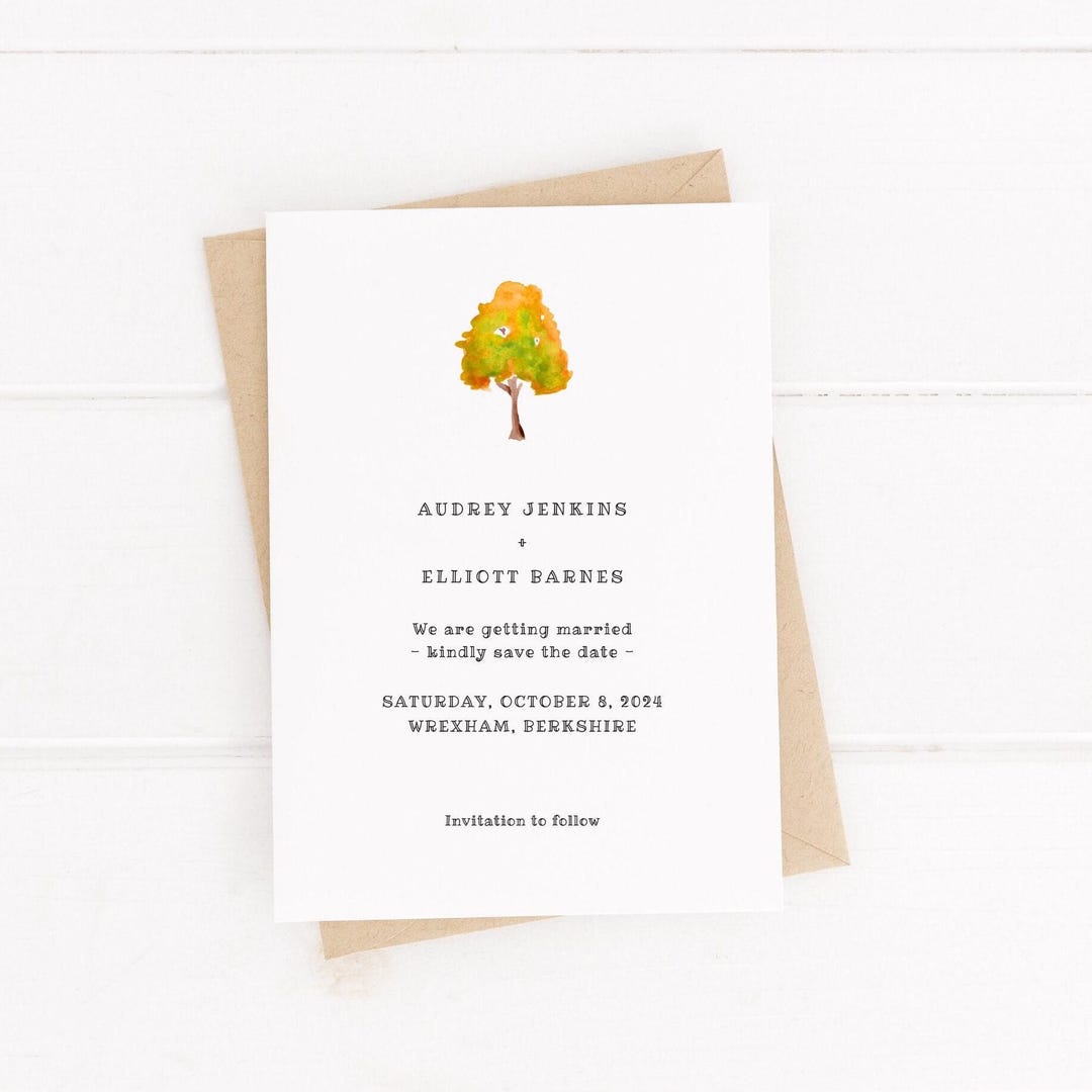 Autumn Oak Tree Save the Date Card: Minimalist Wedding (digital ...