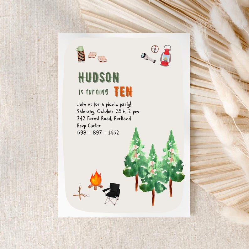 Camping Birthday Invitation, Printable Bonfire Party Invitation, Autumn ...
