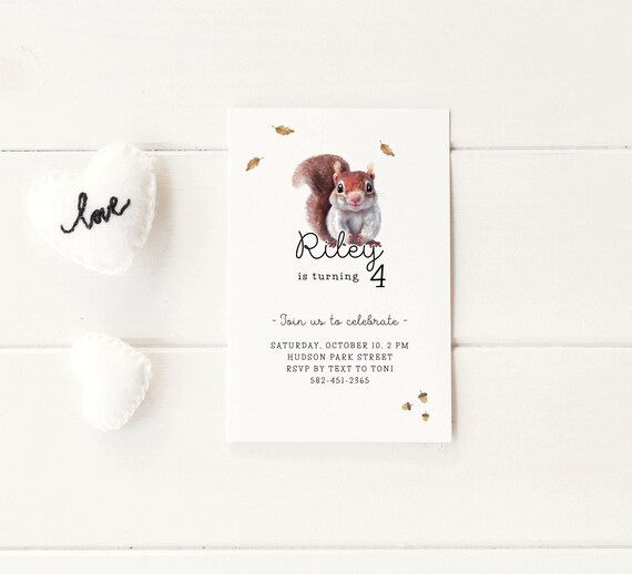 Birthday Invitation Squirrel | Woodland Animals | Fall Birthday Invite ...