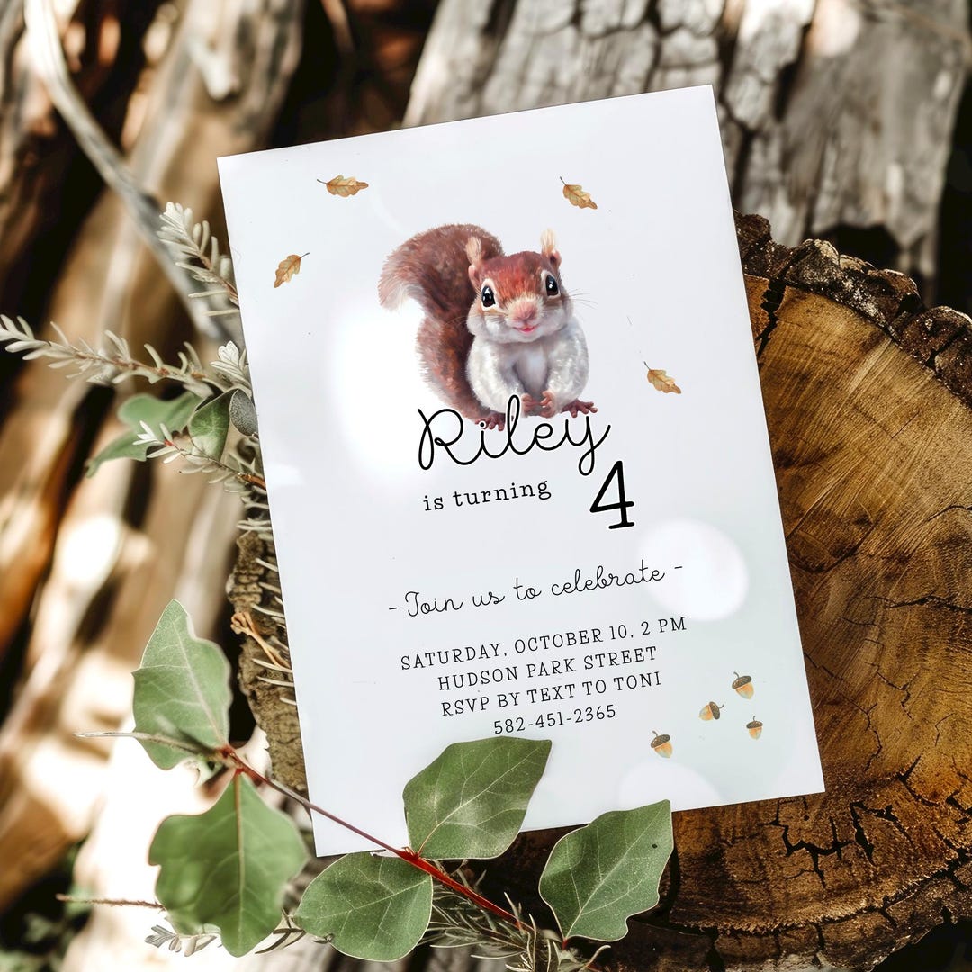 Squirrel Birthday Invitation, Printable 4th Birthday Party, Woodland ...