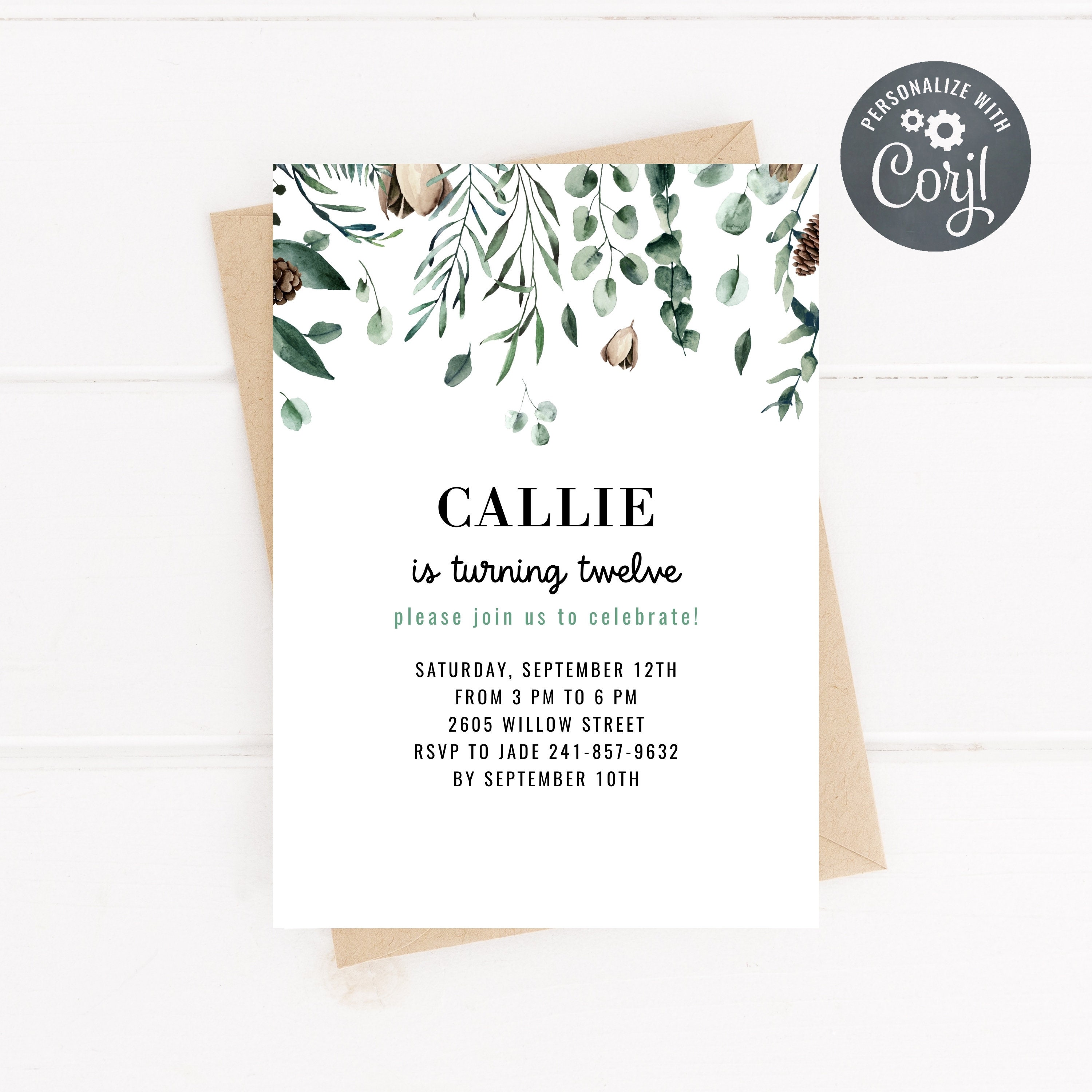 Birthday Invitation Template, Nature Theme, Greenery Leaves Pine Cones ...