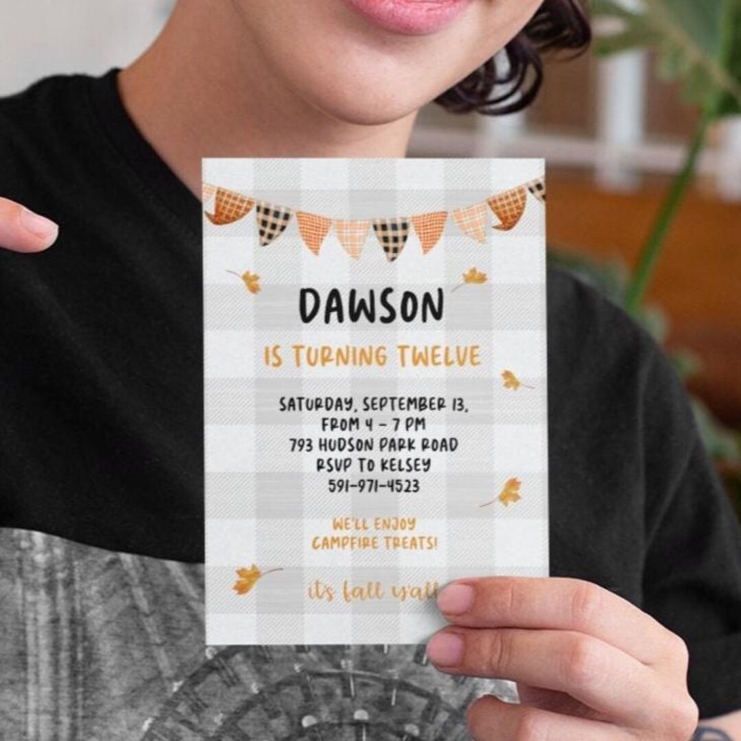 Fall Birthday Invitation, Autumn Party Invite, Gray Buffalo Check ...