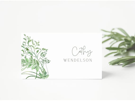 Greenery Place Cards | Wedding Place Cards | Editable Template | 3.5x2 | Green Fern Table Cards ...