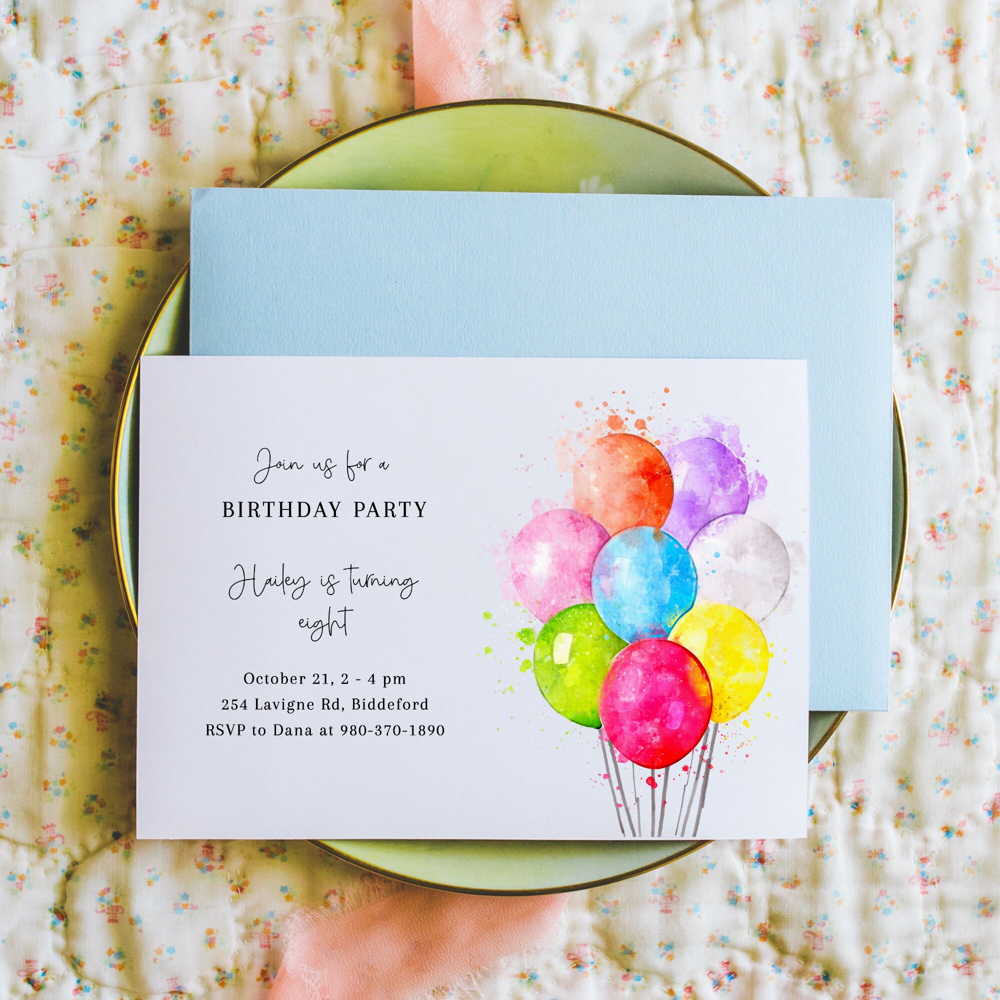 Balloon Invitation Birthday Invitation Template Colorful Watercolor ...