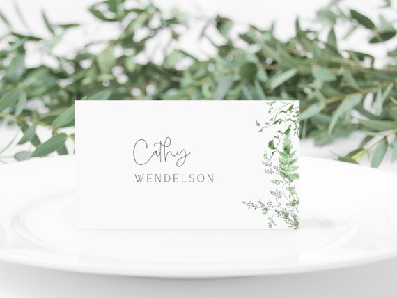 Greenery Place Cards | Wedding Place Cards | Editable Template | 3.5x2 | Green Fern Table Cards ...