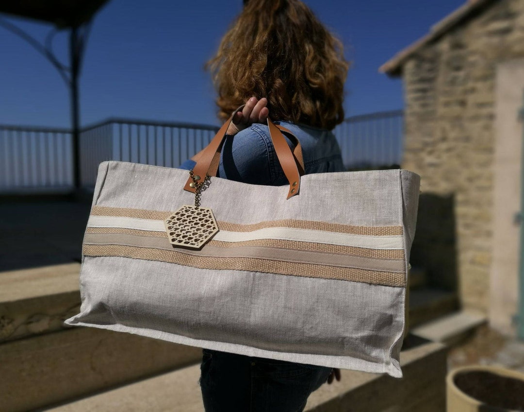 Cabas XXL Nature Bag Linen, Jute, Cotton and Leather H30xl55xl21 Cm - Etsy