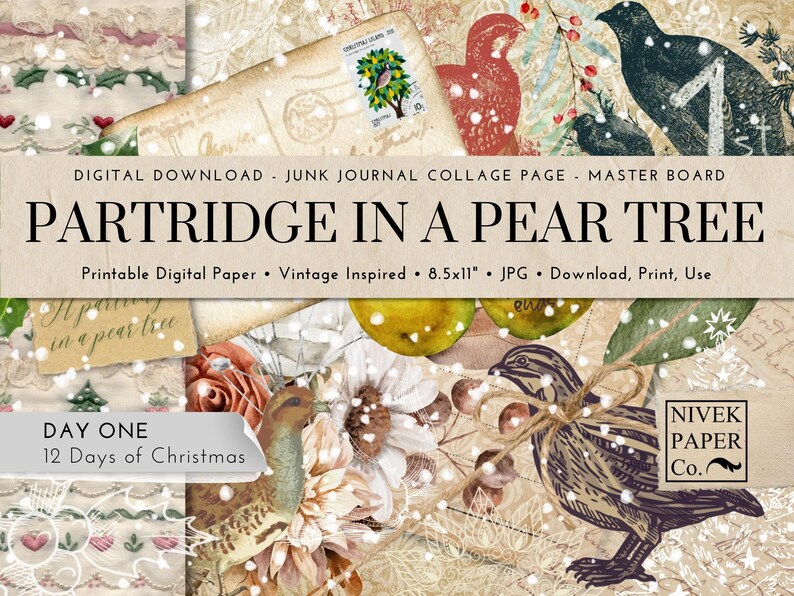 A Partridge in a Pear Tree, Junk Journal Collage Page, Digital Paper ...